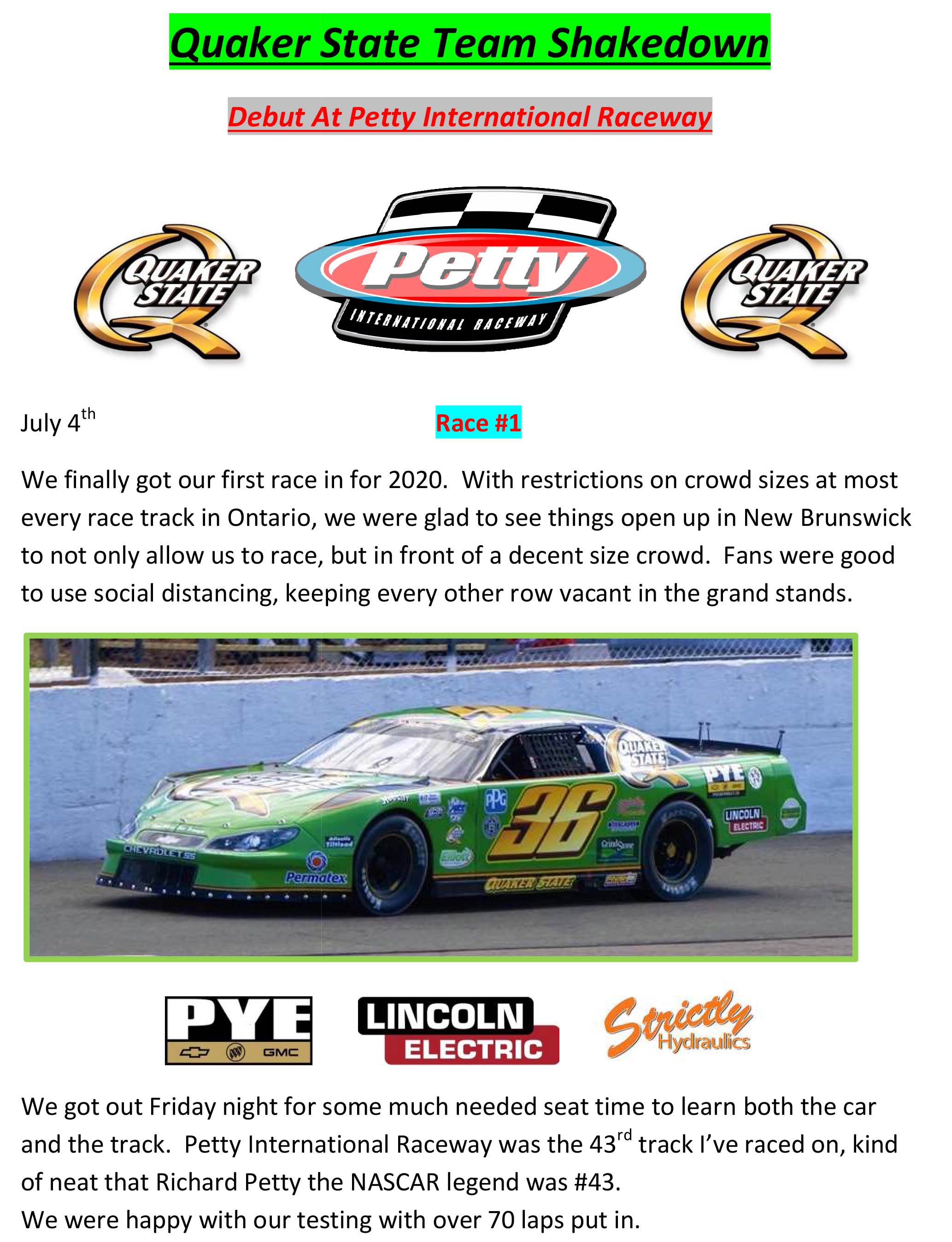 Quaker State Team Shakedown; Debut at Petty International Raceway ...